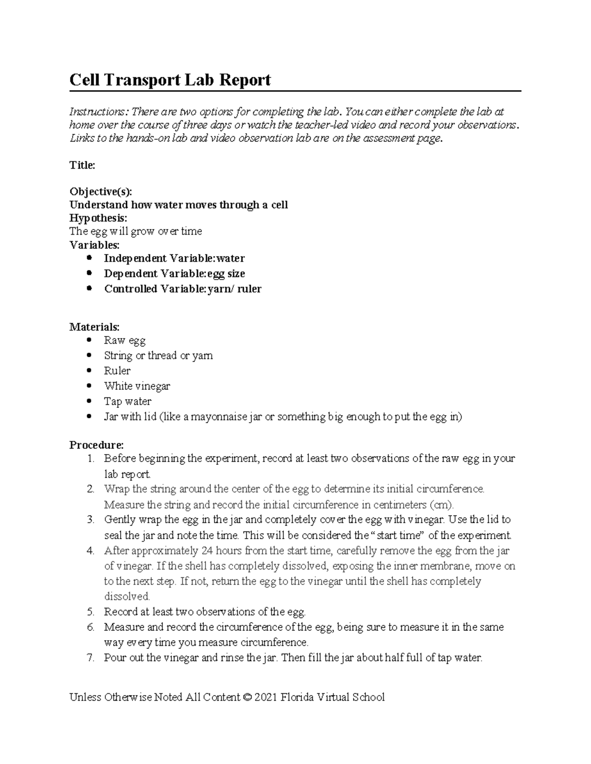 Cell Transport Lab Report (2.04 BIO): Egg Osmosis Experiment Guide ...