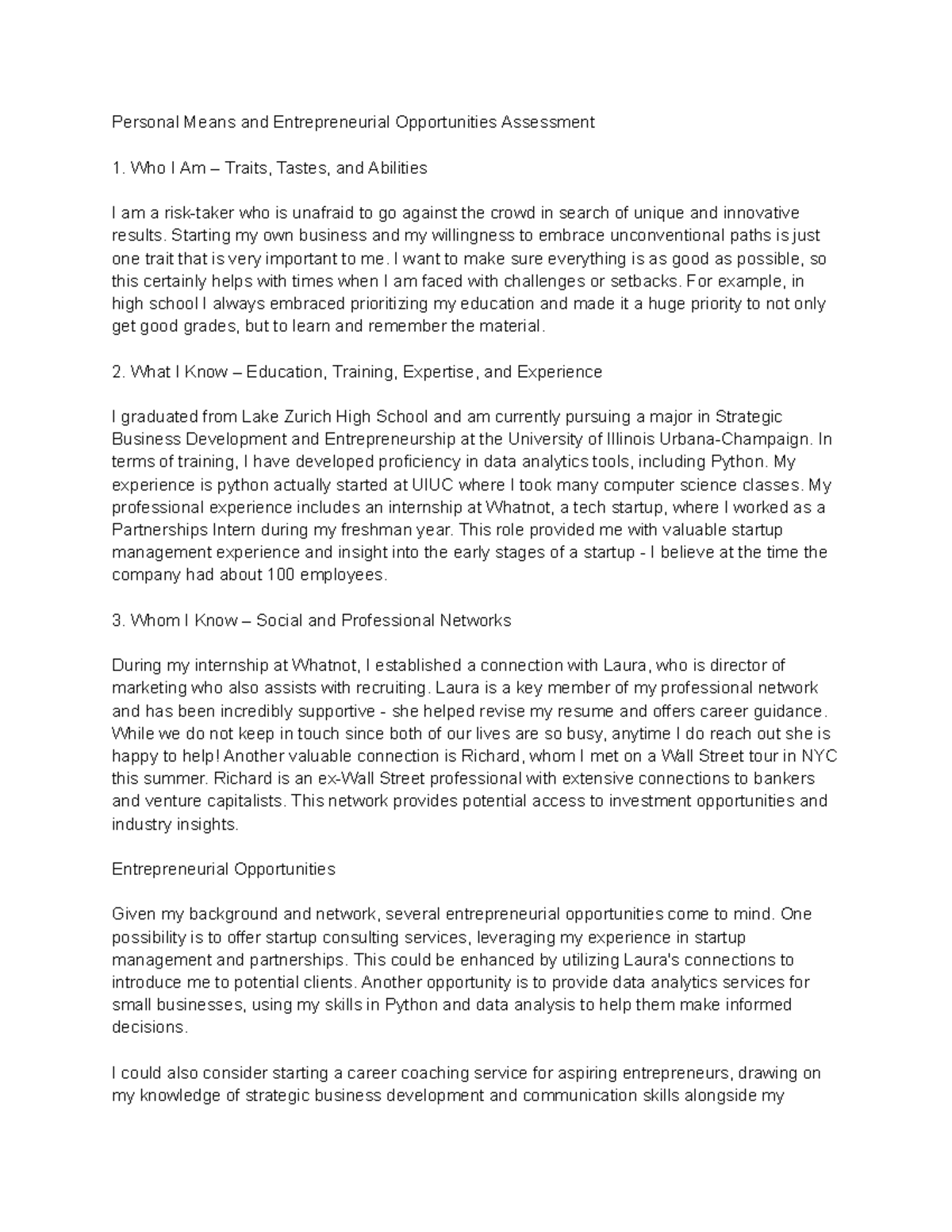 Personal Means & Startup Opportunities Assessment (ENT 301) - Studocu