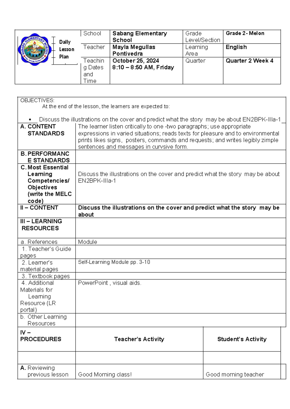 Grade 2 Lesson Plan: Predicting Story Outcomes (EN2BPK-IIIa) - Studocu