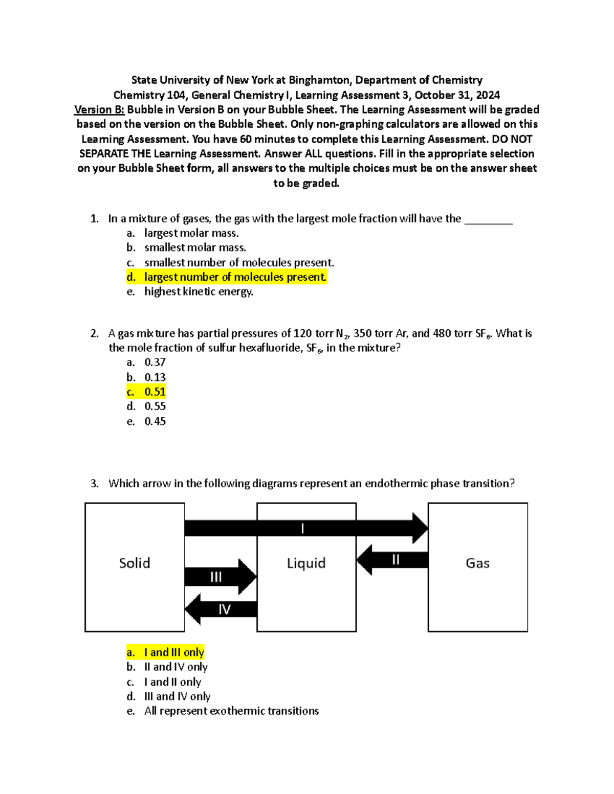 CHEM104 - Fall 2024 - Learning Assessment 3 Version B Solutions - Studocu