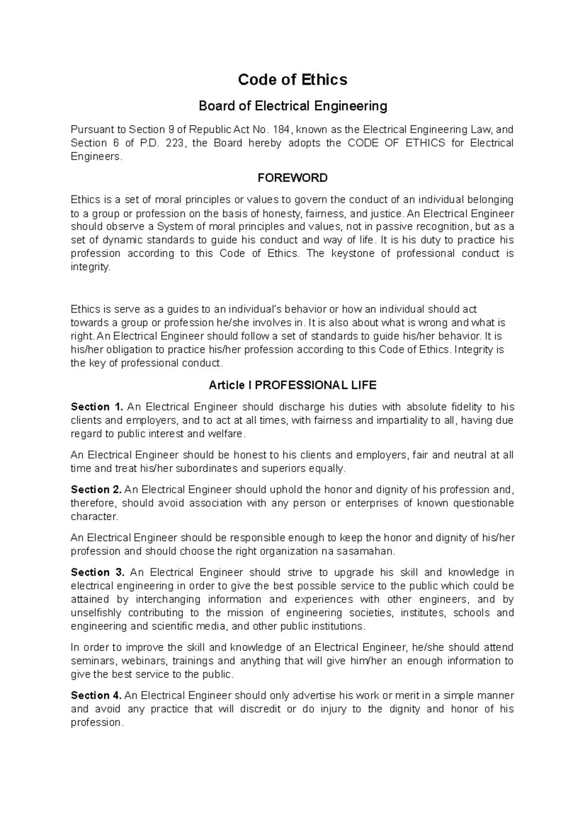 Code of Ethics in Electrical Engineering (EE 101) - Studocu