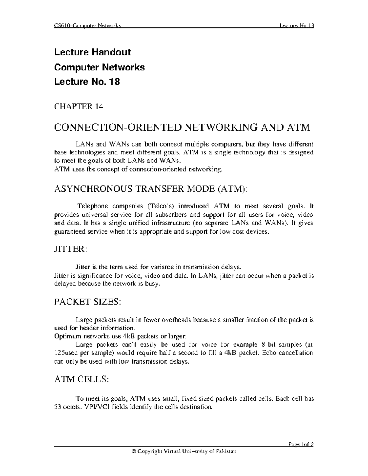 Computer Networks Lecture No. 18: ATM, Jitter, and Packet Sizes - Studocu