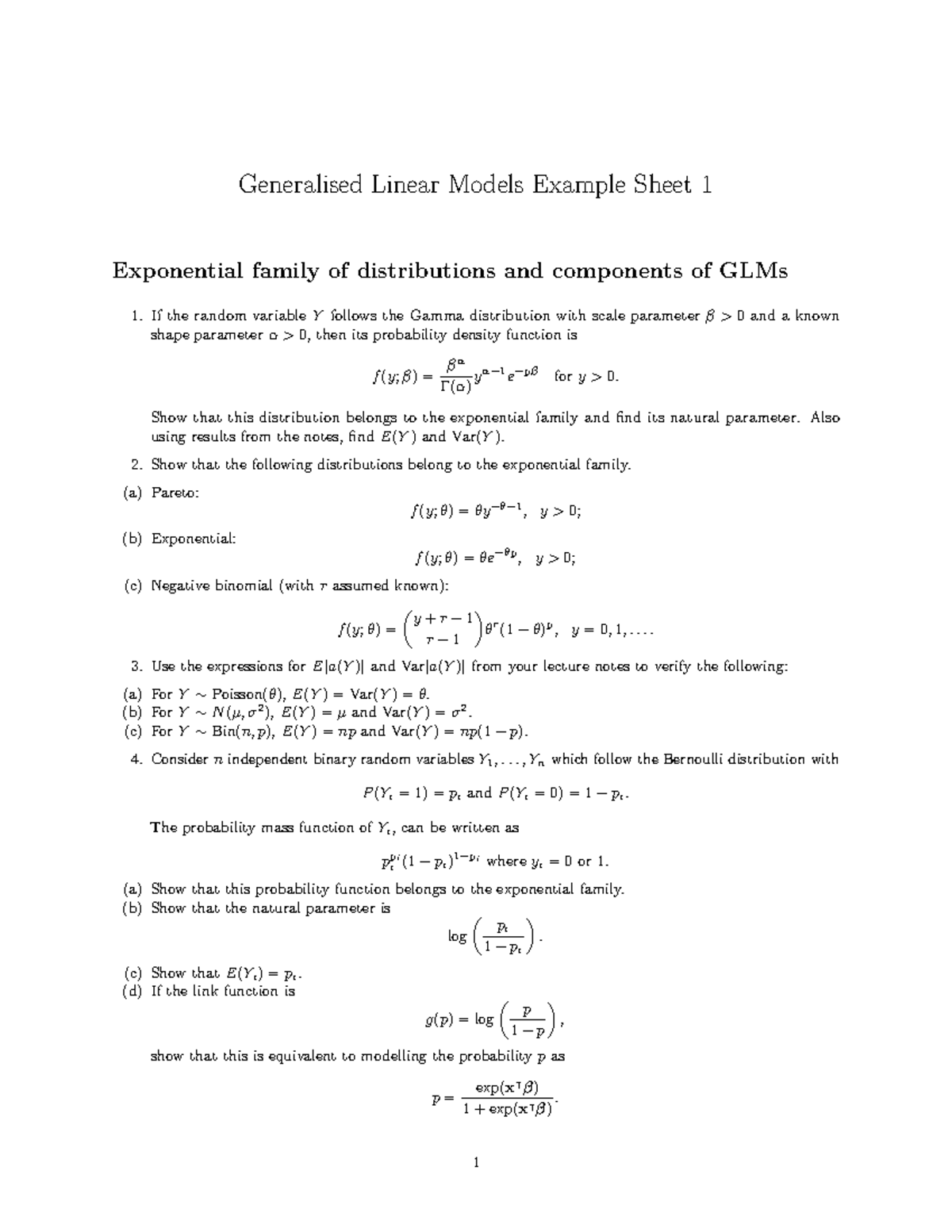 Generalised Linear Models Example Sheet 1 (GLM 101) - Studocu