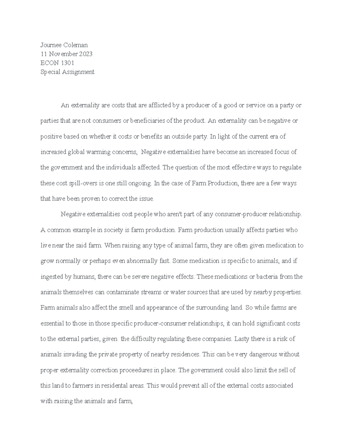 ECON 1301 Special Assignment: Addressing Externalities in Farm ...