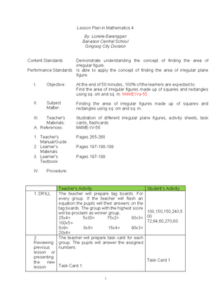 DLP MATH4 Q4 WEEK 6 - A Lesson Plan for Mathematics Grade 4 By: Arnie T. Narvasa Magallanes ...