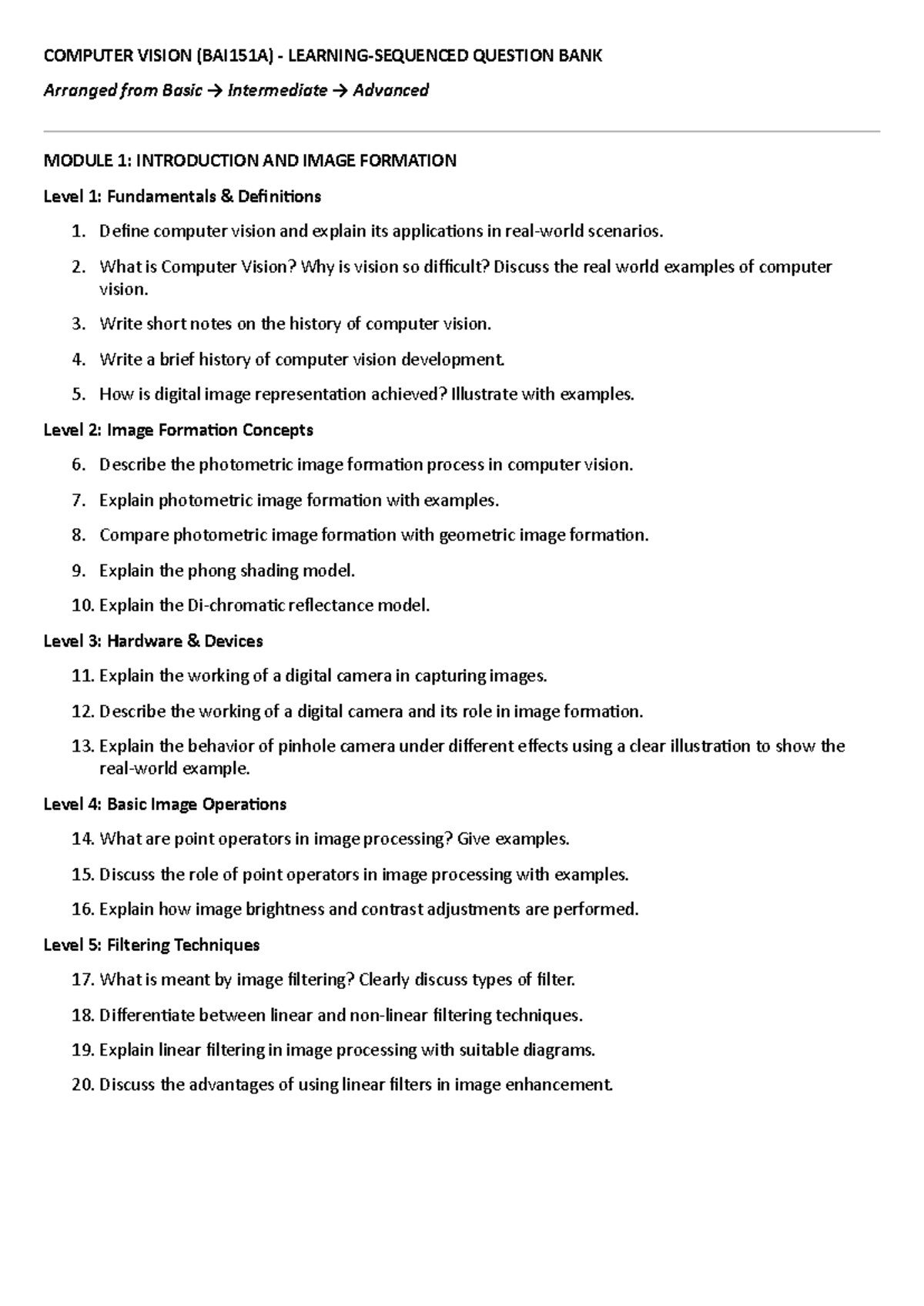 COMPUTER VISION (BAI151A) QUESTION BANK: Comprehensive Guide - Studocu