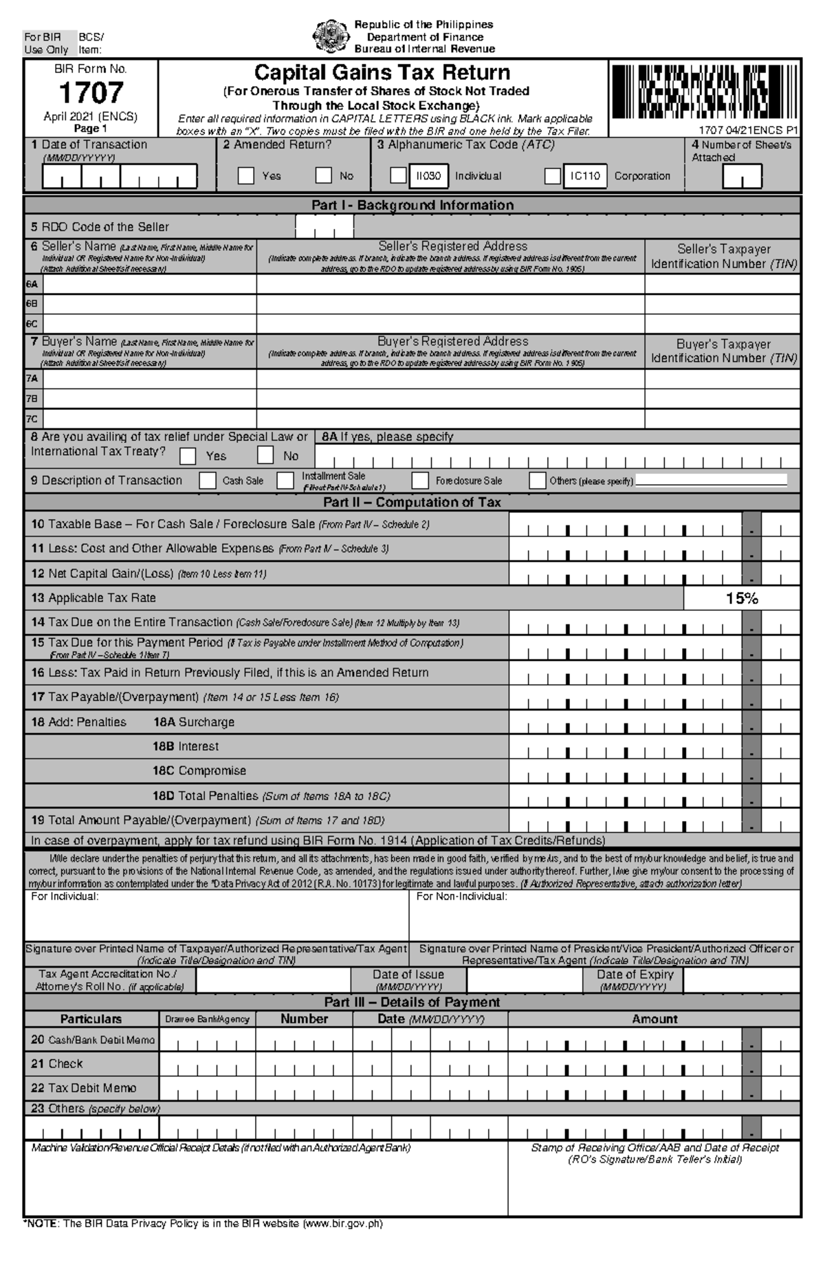 1707 April 2021 ENCS-CGS - BIR Form No. 1707 April 2021 (ENCS) Page 1 ...