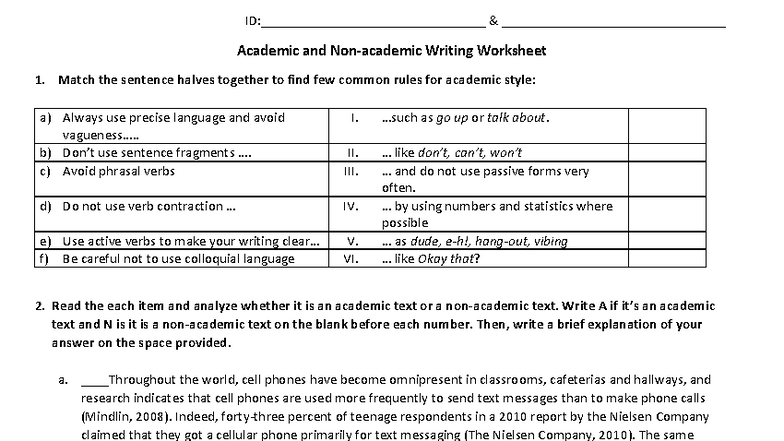 Academic and Non-Academic Text Analysis Worksheet 1 - Studocu