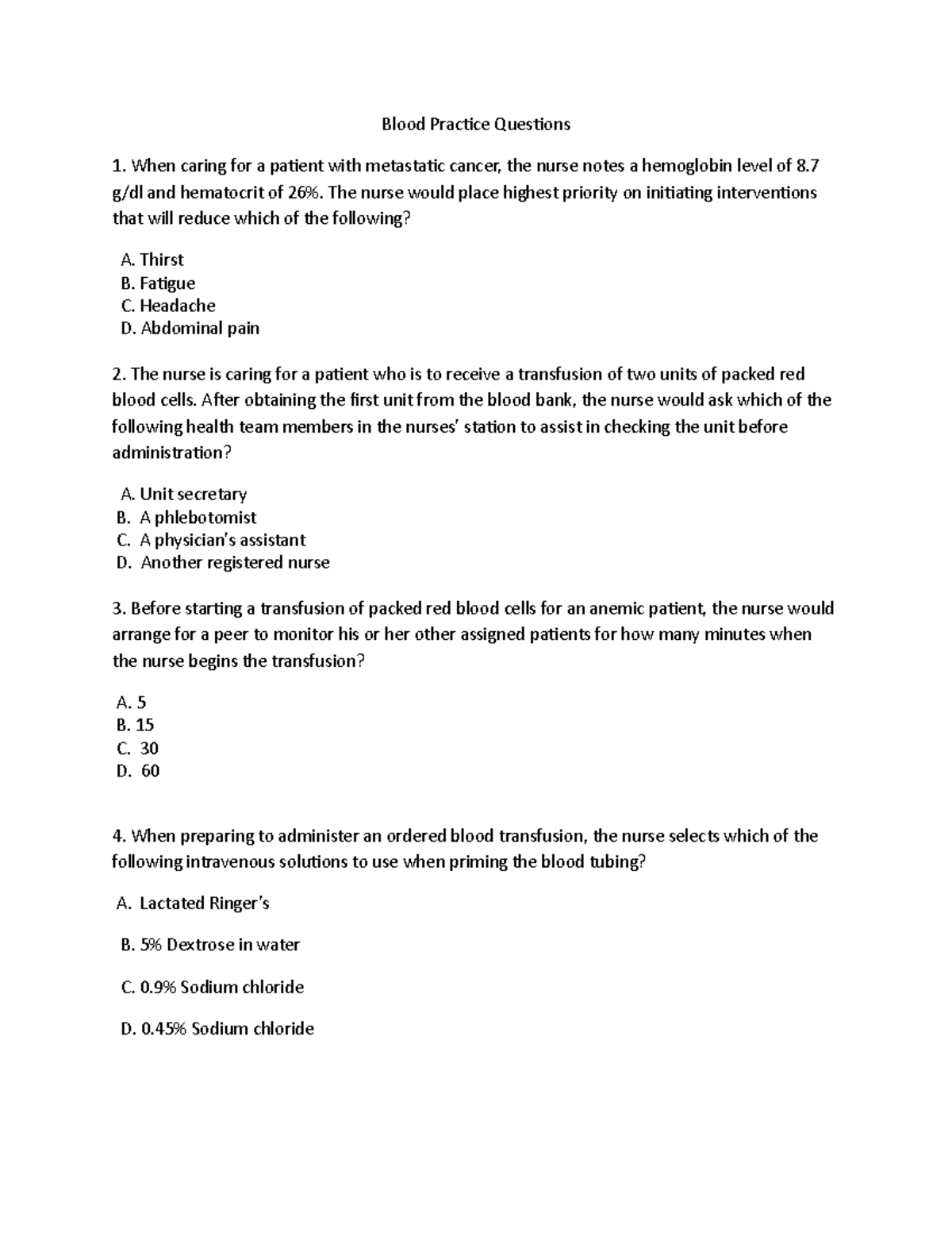 NUR 203 Blood Transfusion Practice Questions and Answers - Studocu