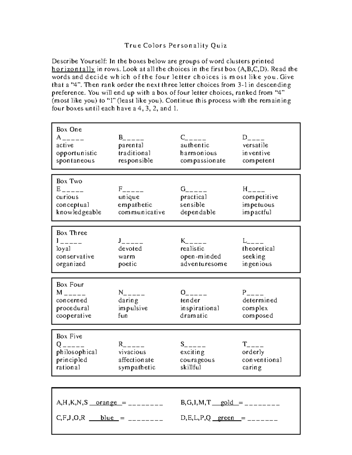 True Colors Personality Quiz: Self-Assessment Guide - Studocu