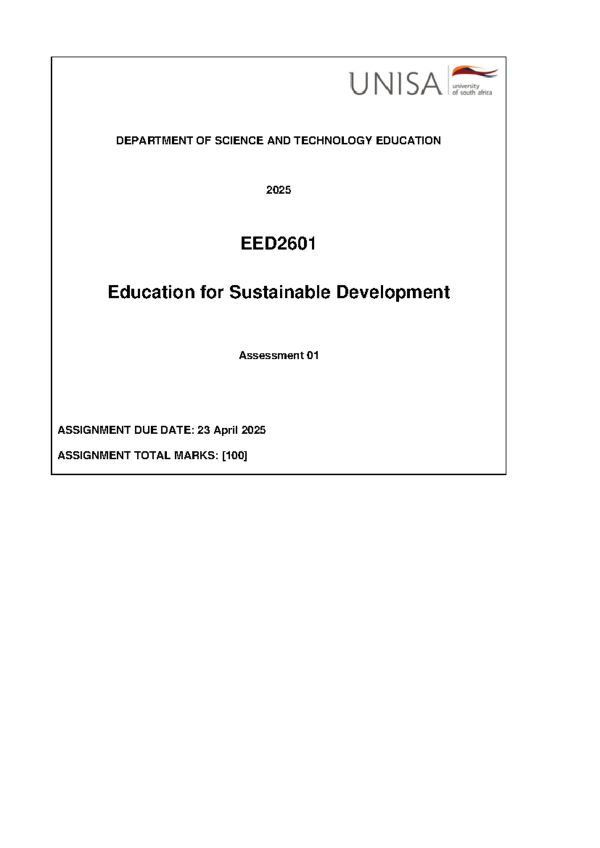 EED2601 Environmental Education Assessment 01: Sustainable Development ...