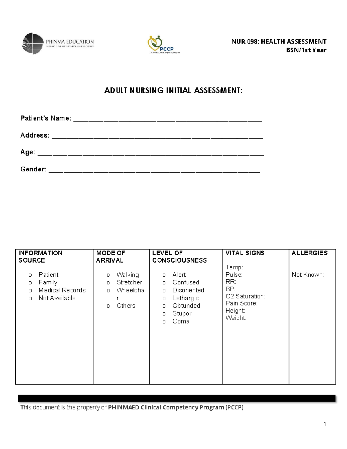 NUR 098: Health Assessment - Adult Nursing Initial Assessment Form ...