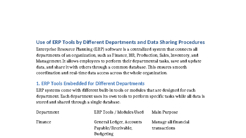 ERP Tools and Data Sharing Procedures Across Departments - Studocu