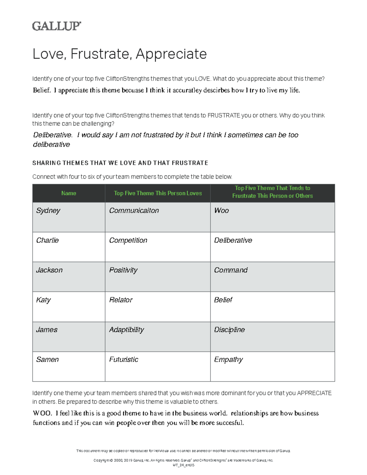Completed Love, Frustrate, Appreciate Worksheet - Team Reflection Guide ...
