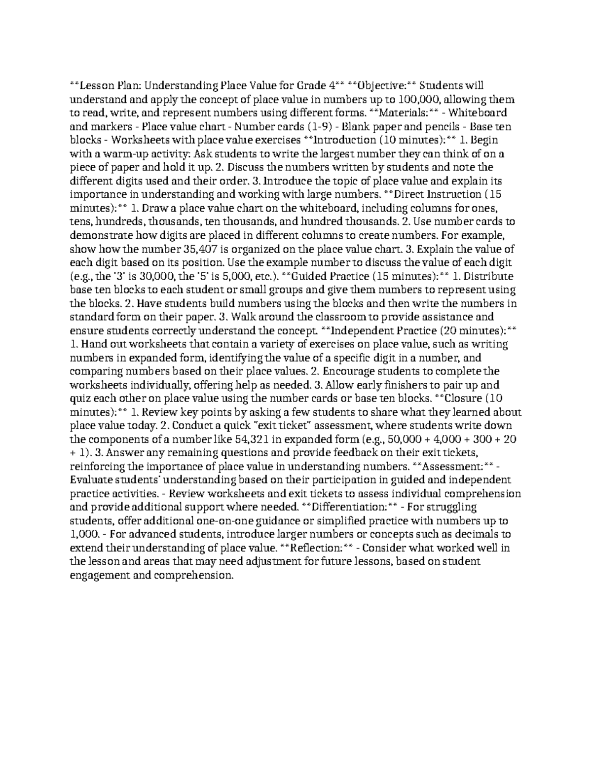 Grade 4 Math Lesson Plan: Understanding Place Value Concepts - Studocu