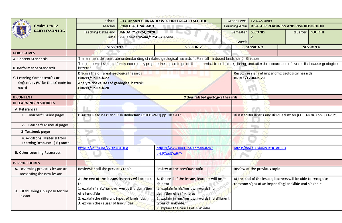 WEEK 2 Q4 DRRR DLL 2019 2020 - Grades 1 to 12 DAILY LESSON LOG School ...