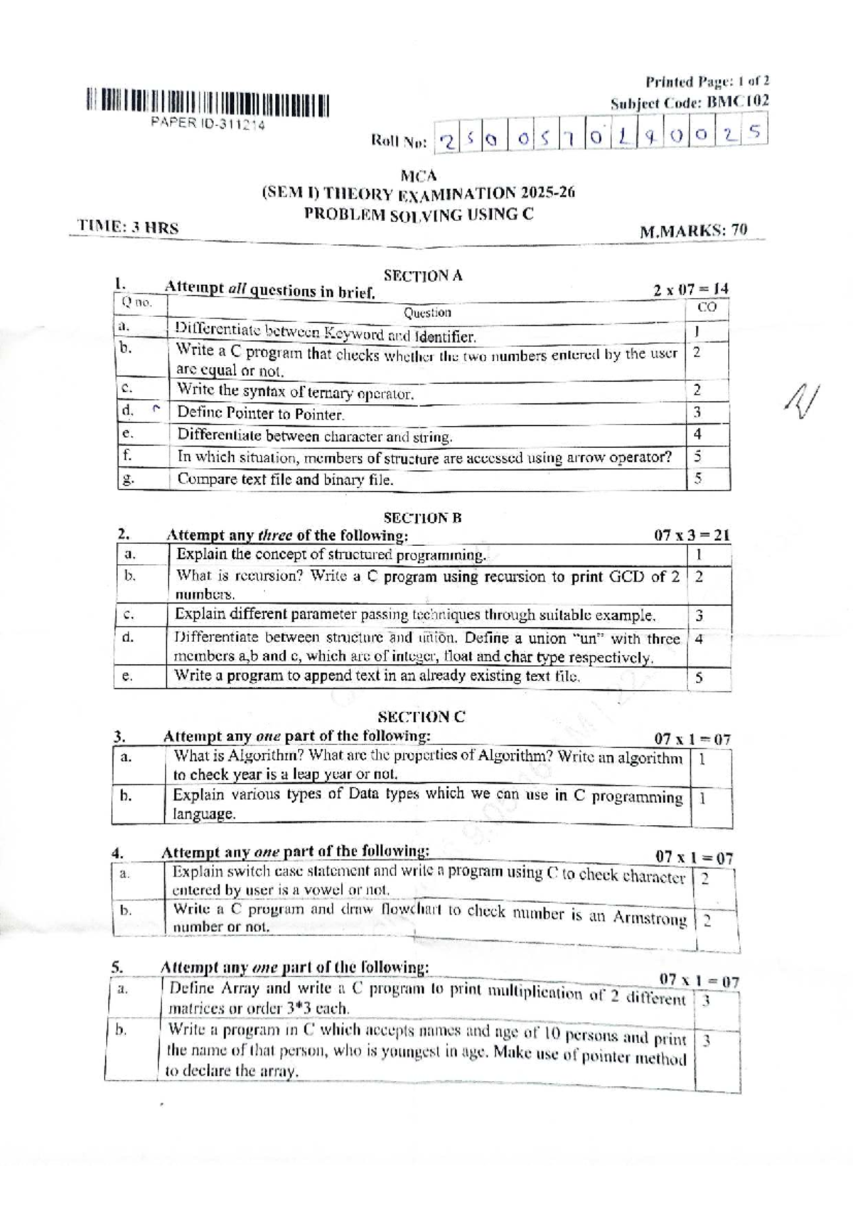BMC102 MCA SEM I Theory Exam: Problem Solving Using C - 2025-26 - Studocu