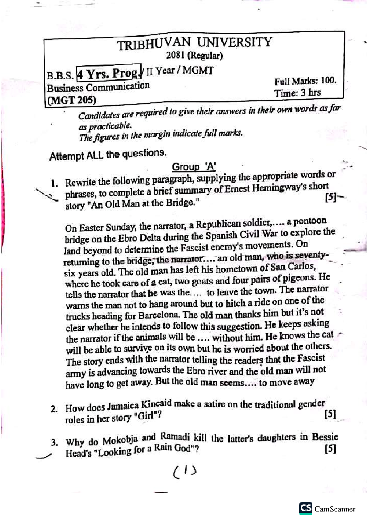 Model Set 2081: Past Year Questions for MGT 205 Business Communication ...