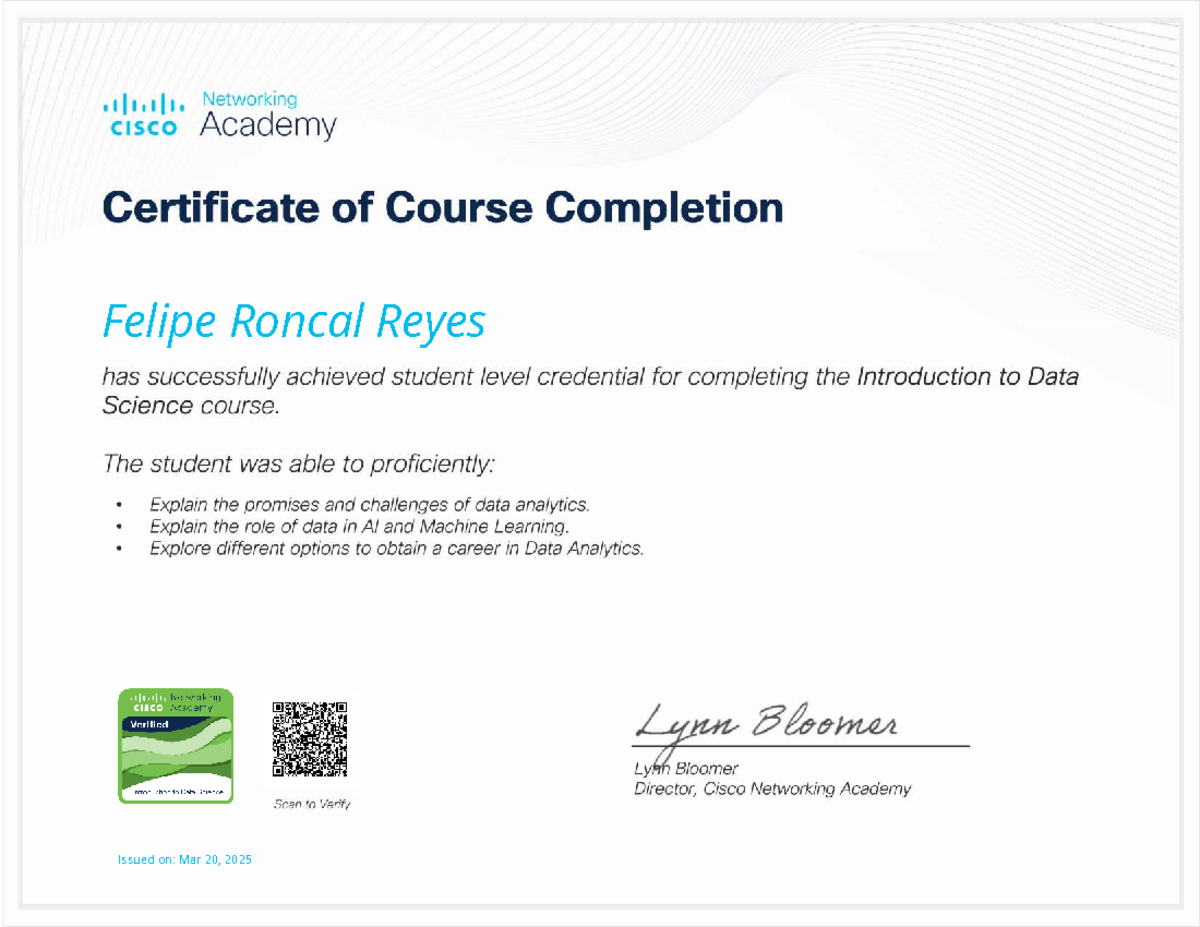 CISCO Academy Intro to Data Science Course Completion Certificate - Studocu
