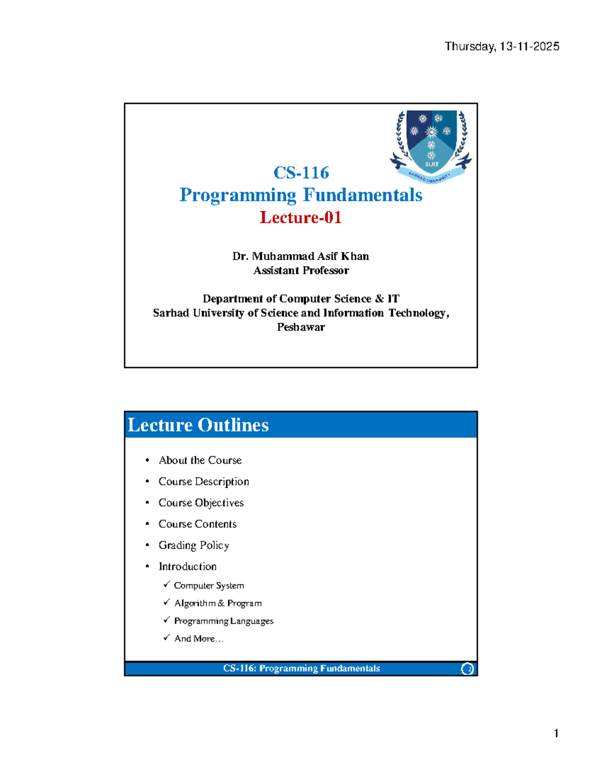 PF 101: Programming Fundamentals Lecture Outlines and Course Overview ...