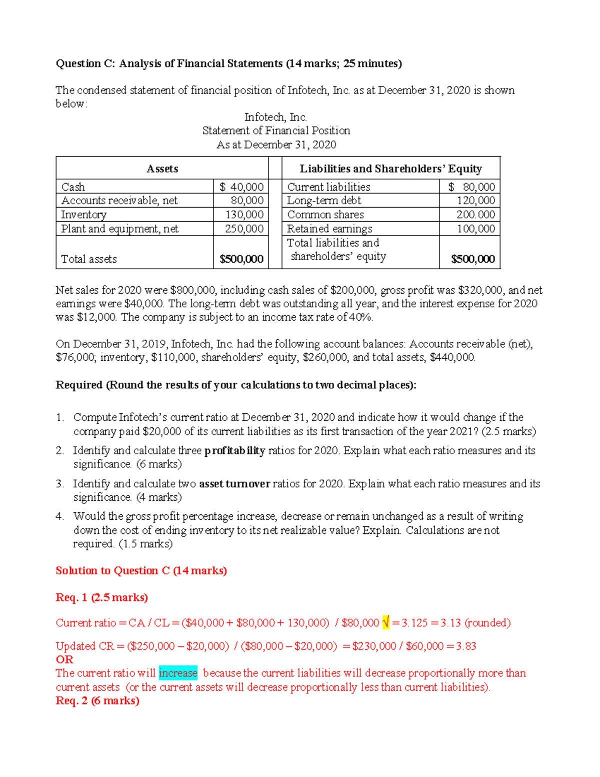 practice question and solutions 217 - Question C: Analysis of Financial ...