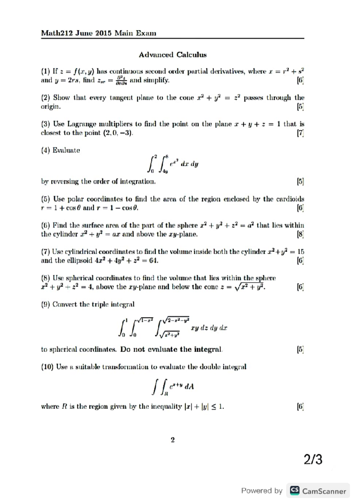 Math212 June 2015 Final Exam: Advanced Calculus Problems and Solutions ...