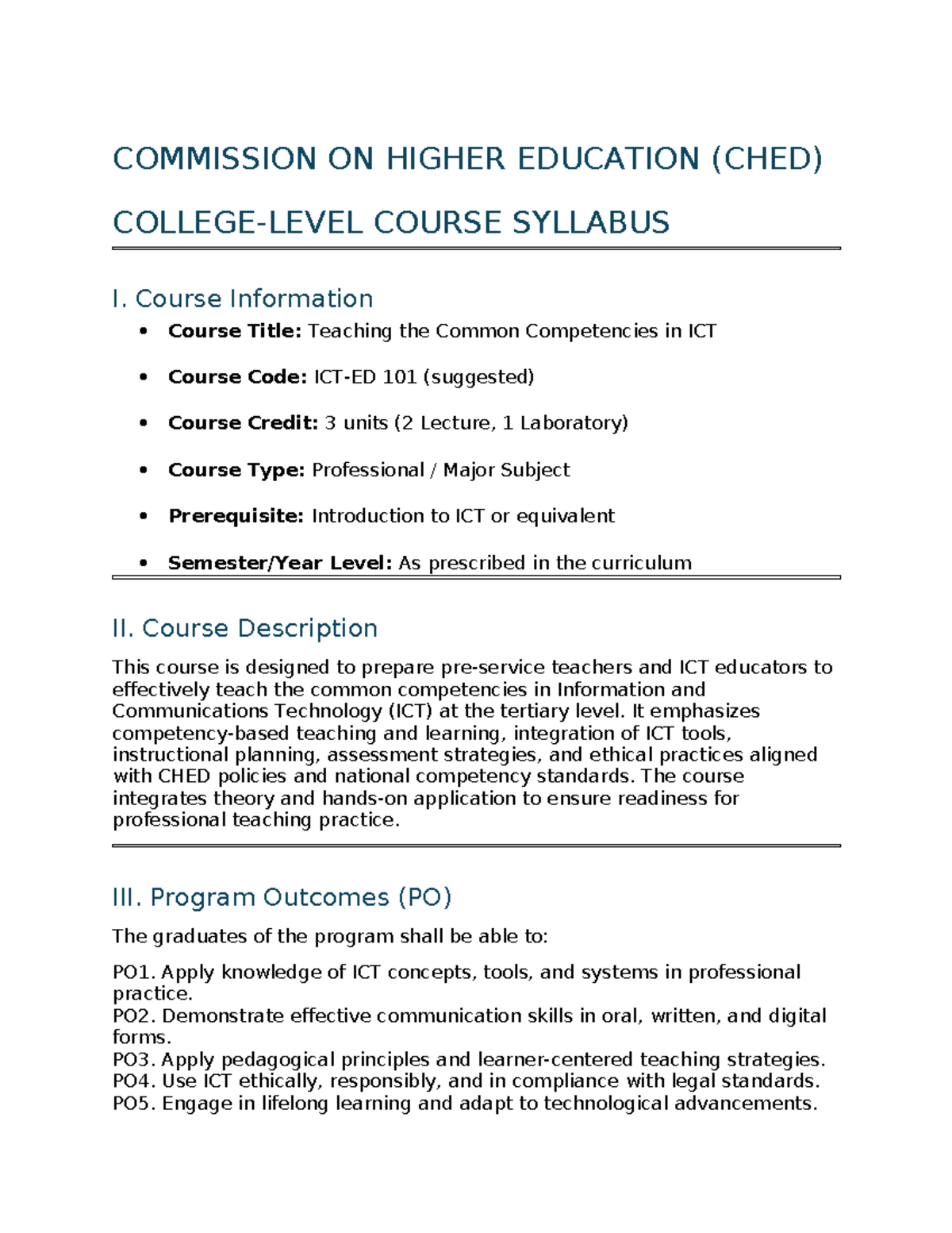 Course Syllabus: Teaching Common Competencies in ICT (Course Code: 101 ...