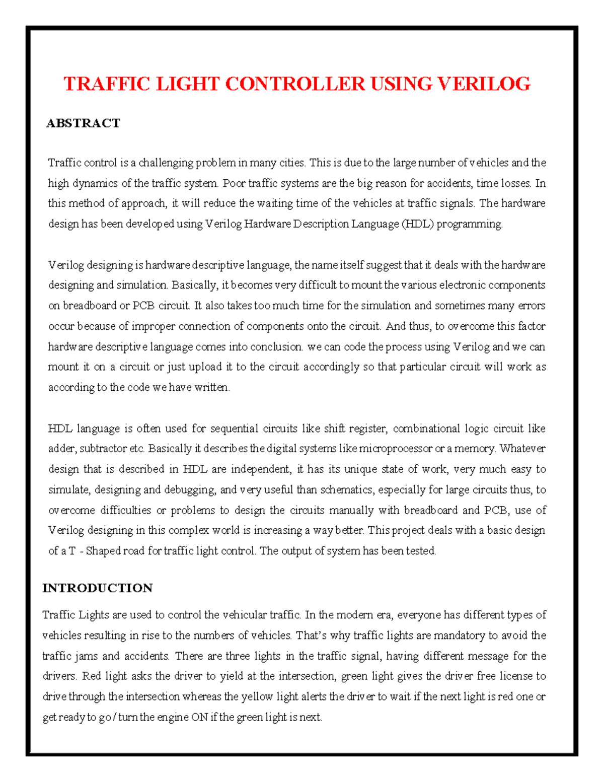 Traffic Light Controller Design for T Intersection Using Verilog - Studocu