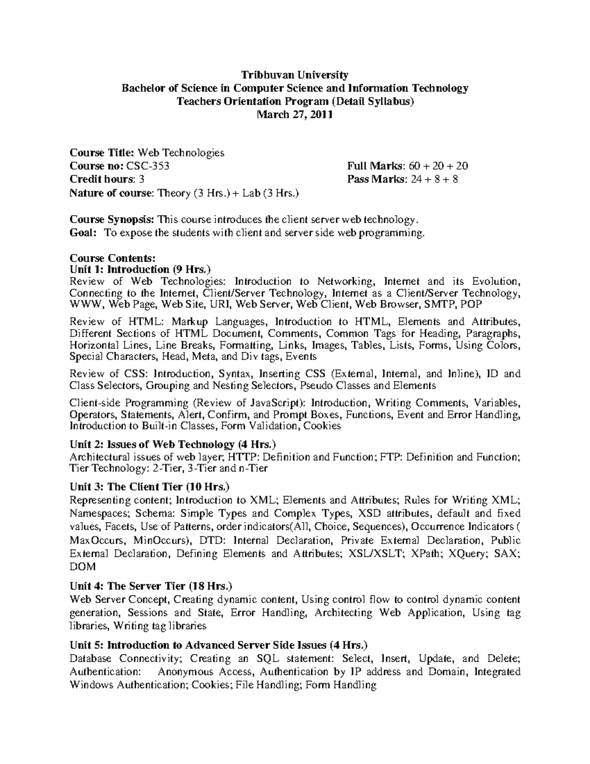 Web Technologies BSc CSIT Syllabus IT College Nepal - Tribhuvan ...