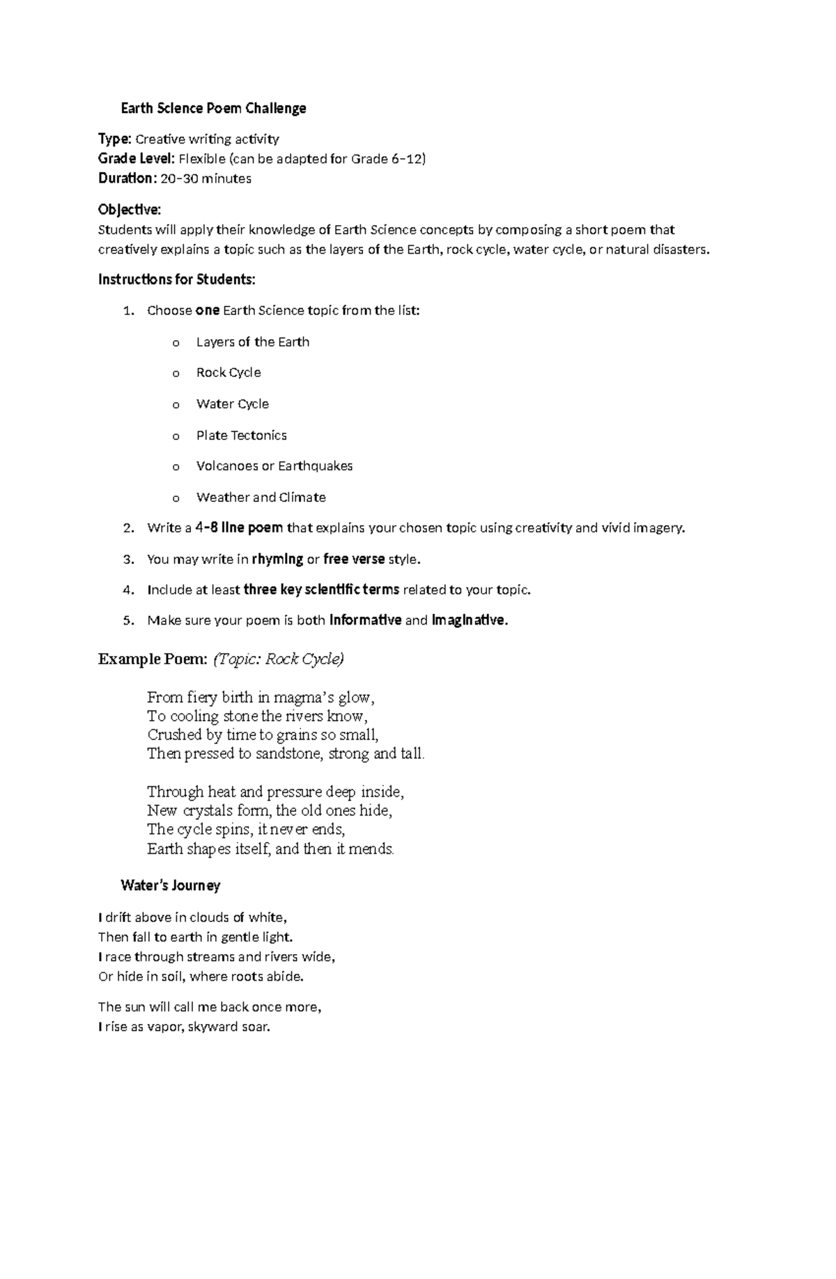 Earth Science Poem Challenge: Creative Writing Activity - Studocu