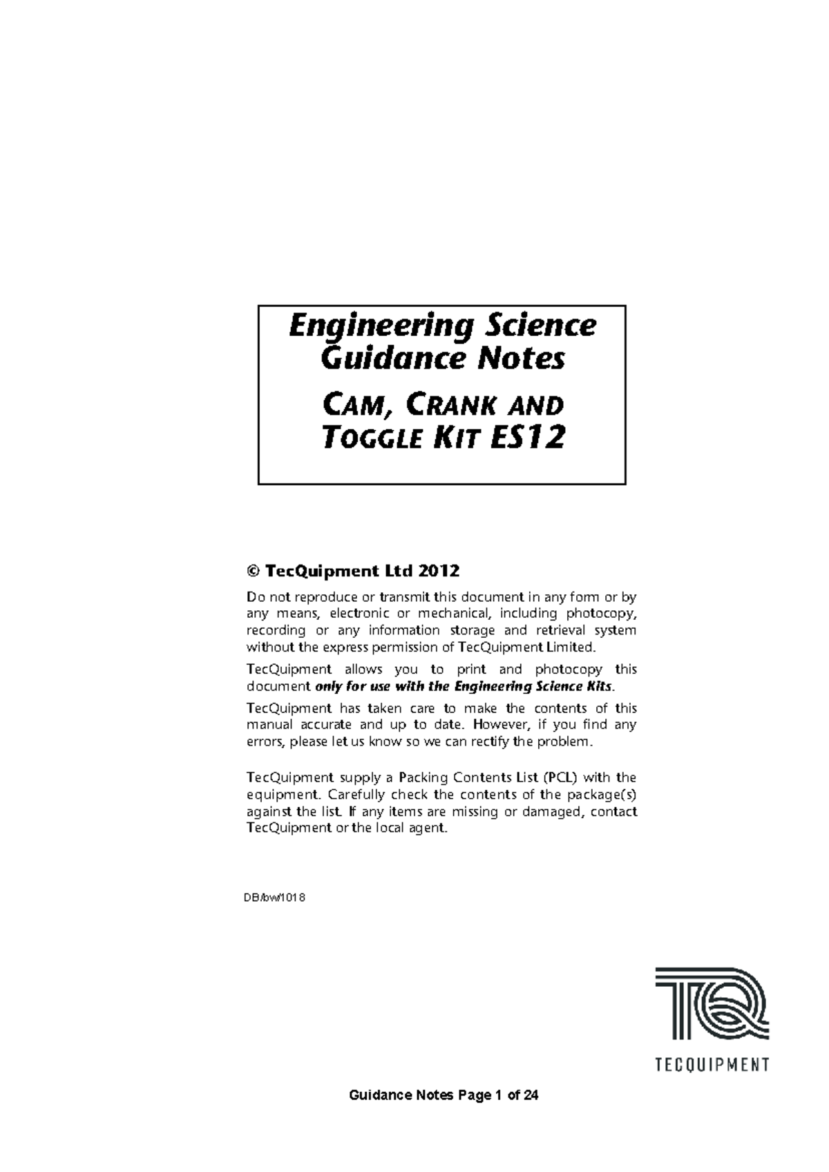 Engineering Science Guidance Notes: CAM, CRANK & TOGGLE KIT ES12 - Studocu