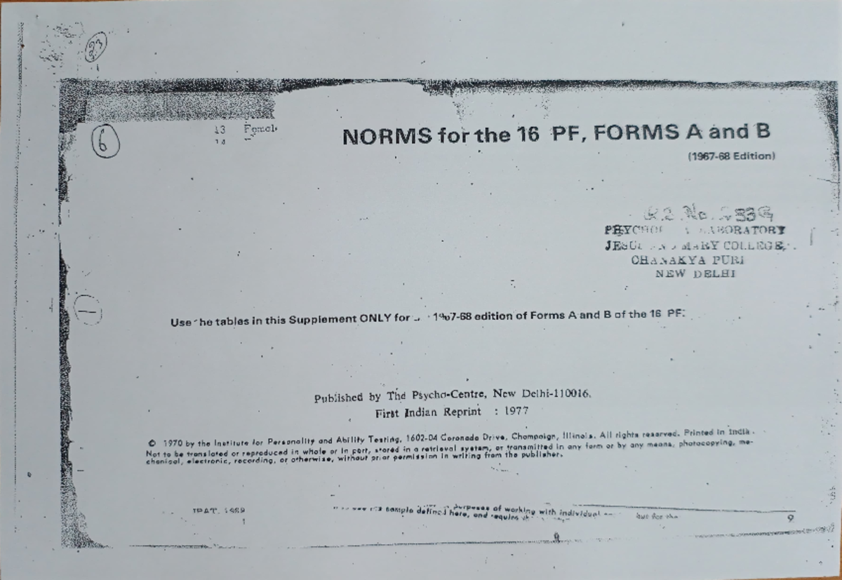 Norms for 16 PF: Forms A & B for High School and College Students - Studocu