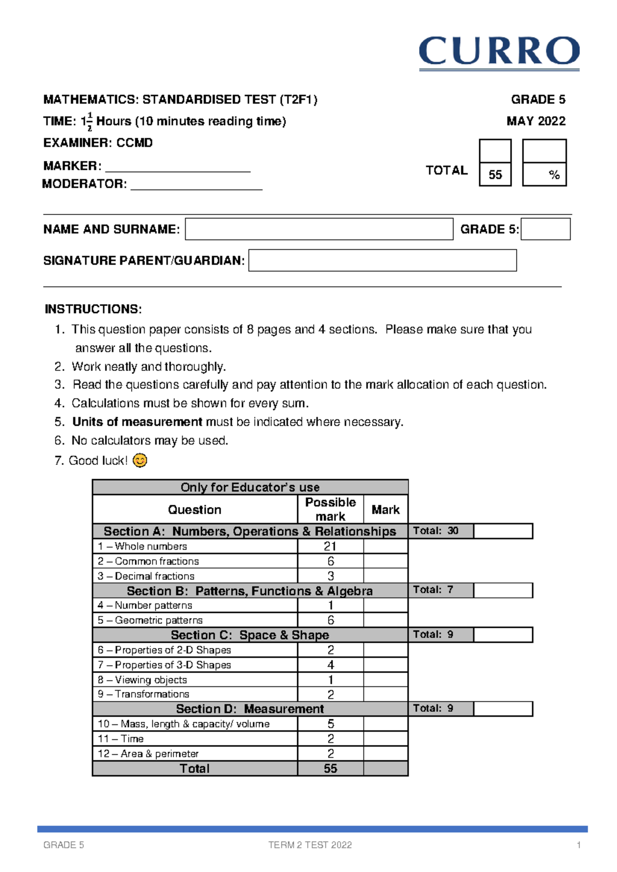 Math Gr 5 T2F1 2022 Standardized Test Exam Paper - Studocu