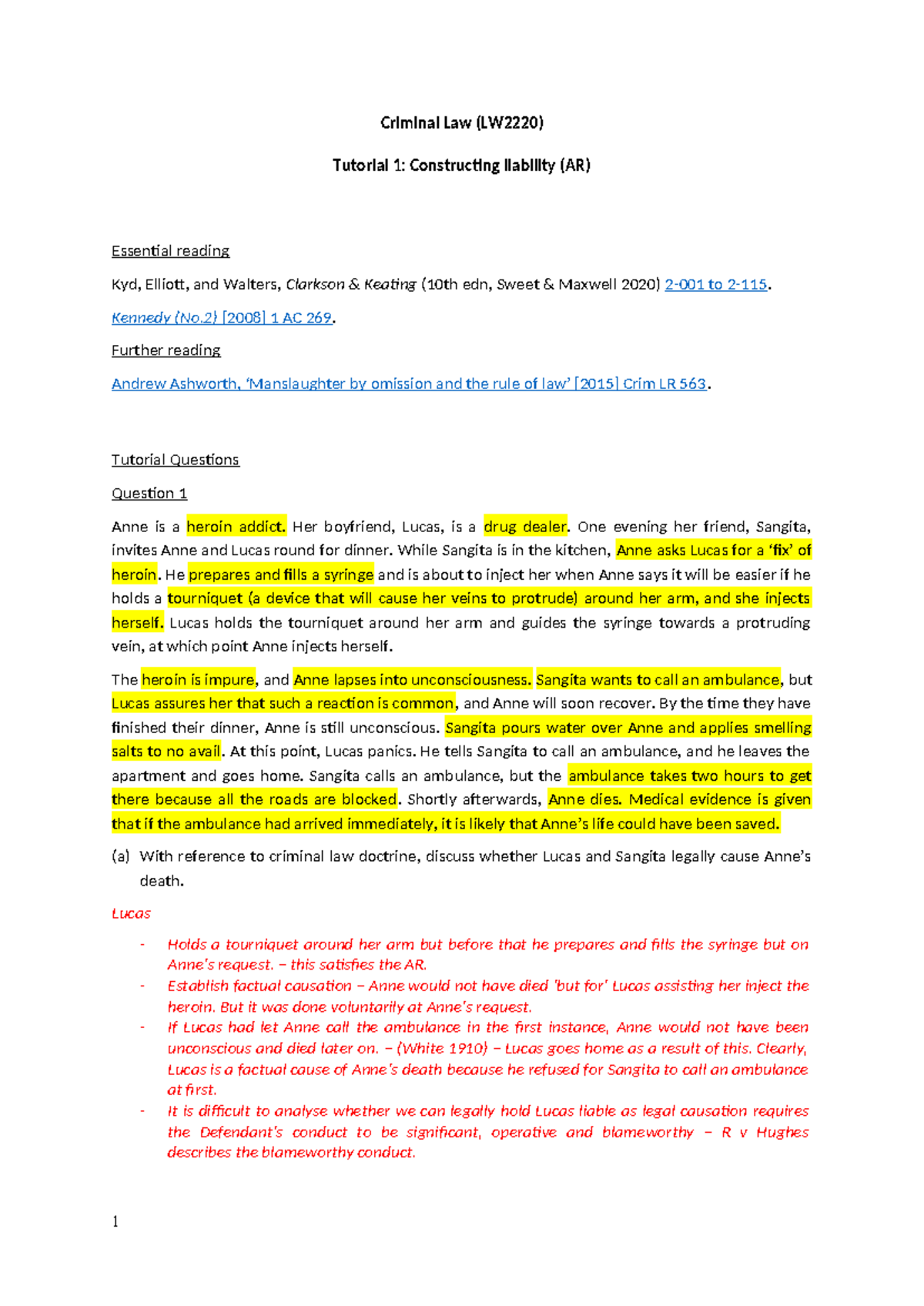 Criminal Law (LW2220) - Tutorial 1: Analyzing Liability in Death Cases ...