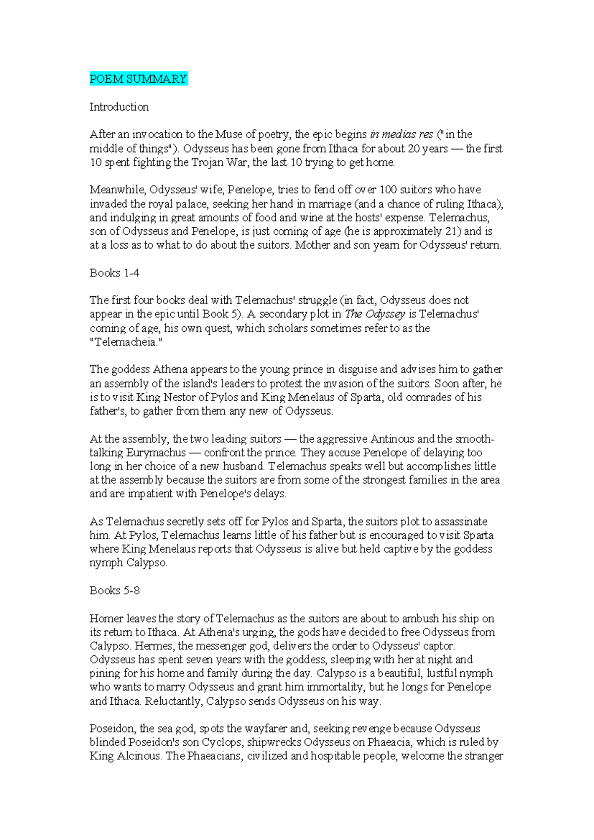 The Odyssey: Summary and Analysis of Key Themes and Characters - Studocu