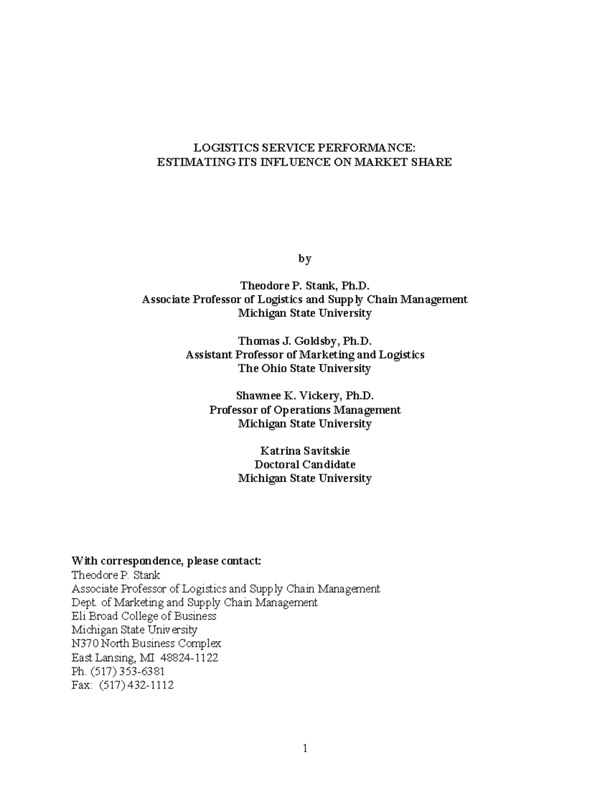 LOG 501: Logistics Service Performance and Market Share Analysis - Studocu