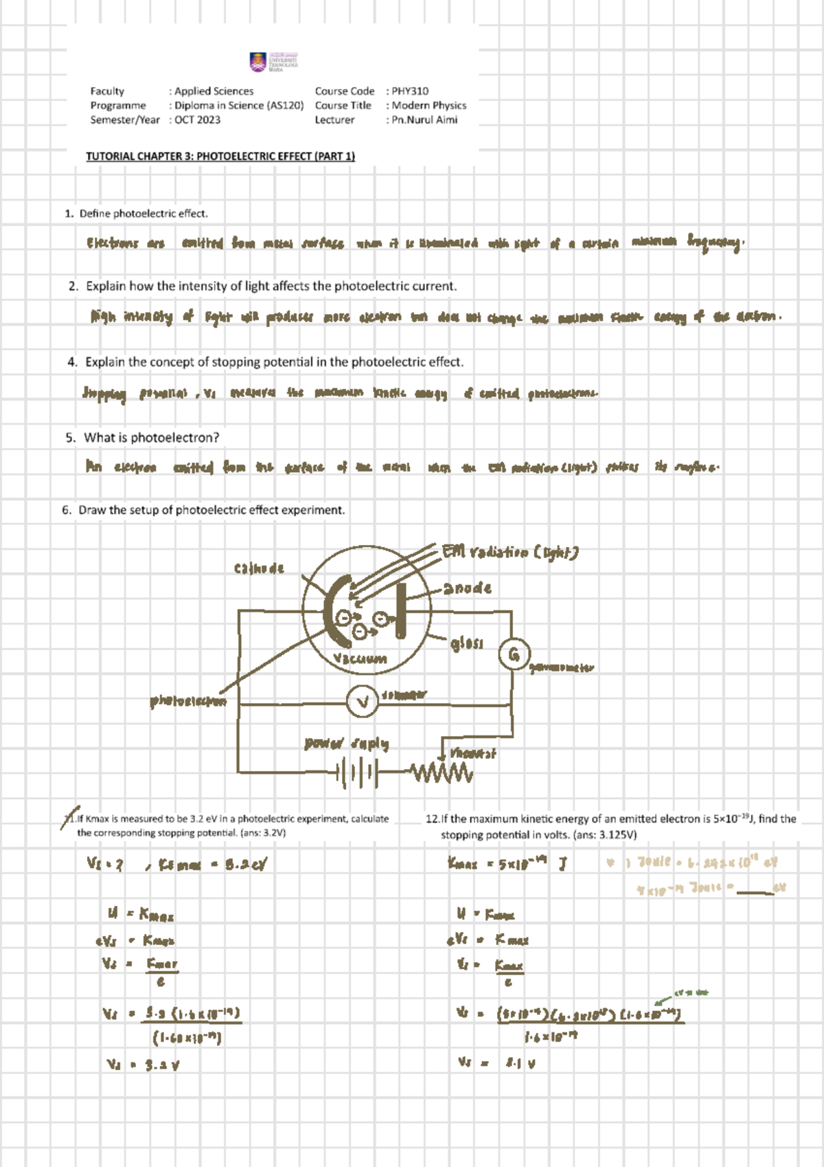 PHY310 - Tutorial 3: Stopping Potential & Photon Calculations - Studocu