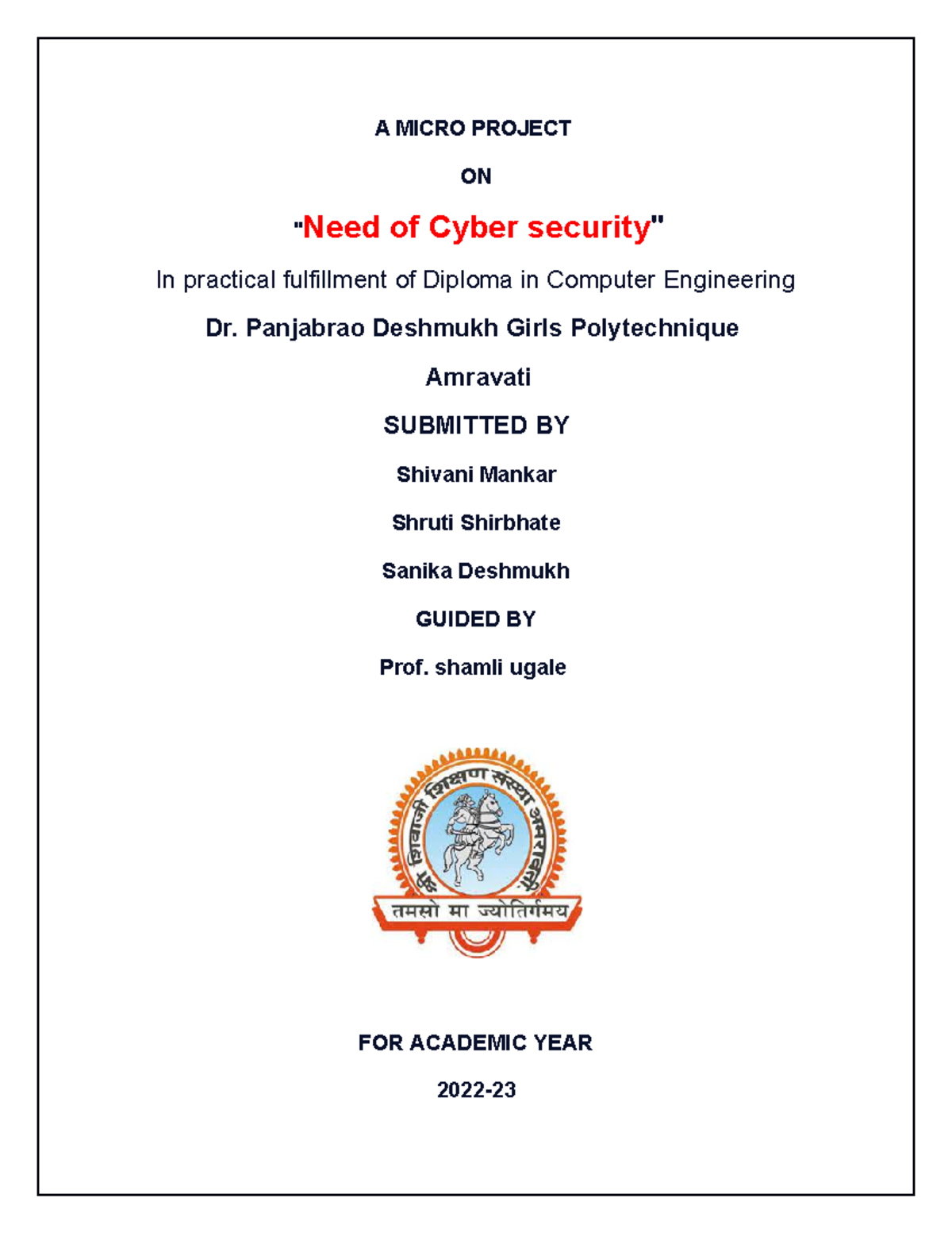 ETI Microproject - A MICRO PROJECT ON "Need of Cyber security" In practical fulfillment of - Studocu