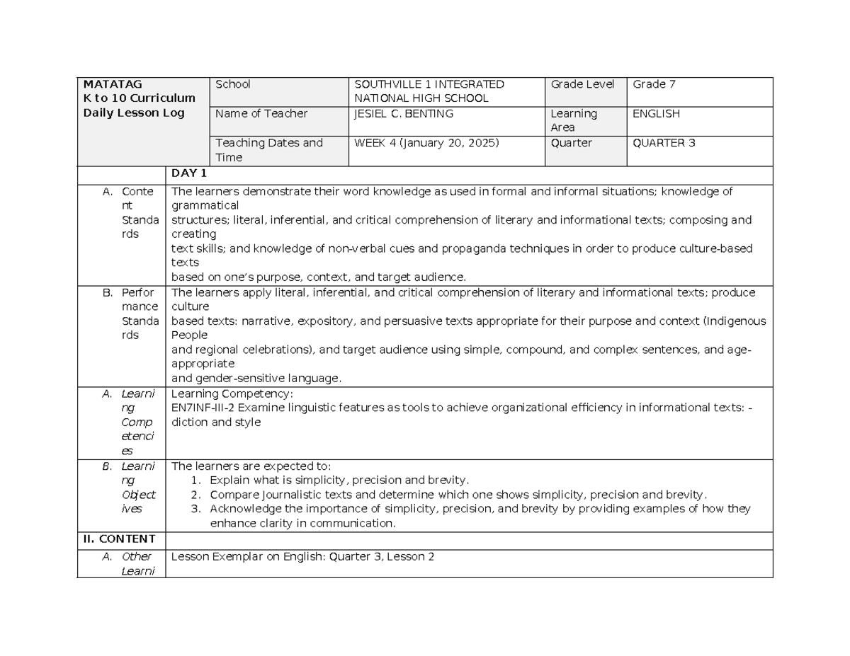 LESSON PLAN ON SIMPLICITY, BREVITY, AND PRECISION - GRADE 7 ENGLISH ...
