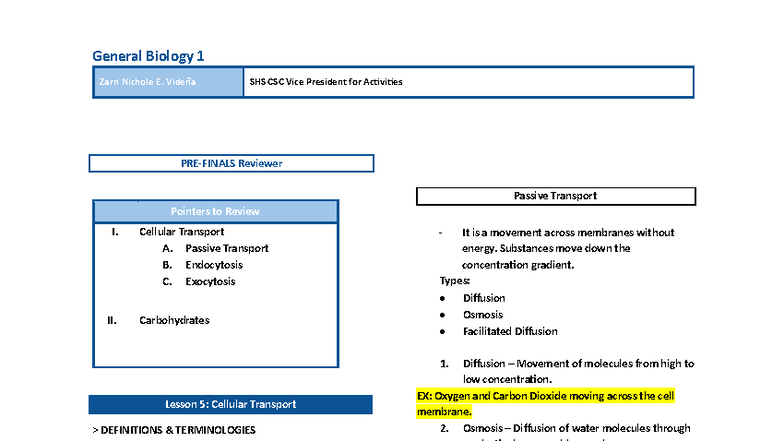 Gen Bio 1: Passive Transport & Cellular Transport Review - Studocu