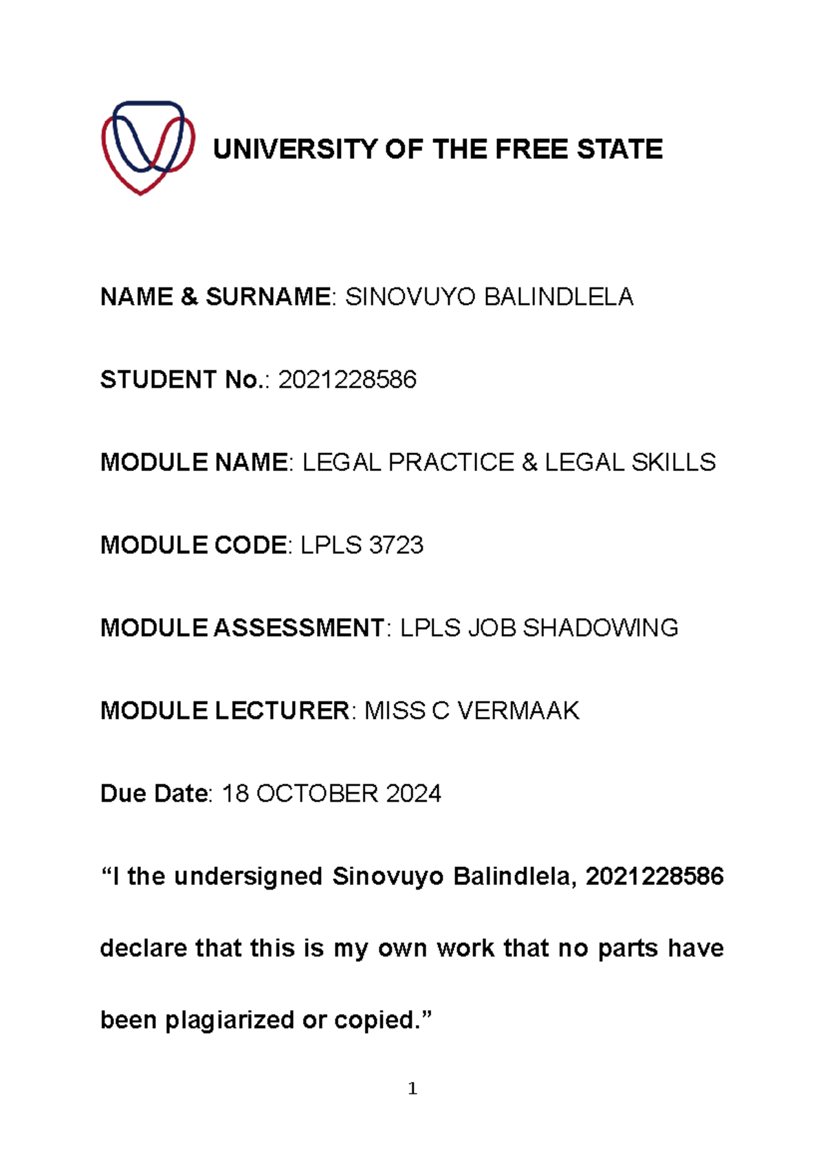 LPLS 3723 Job Shadowing Workshop Reflection - Sinovuyo Balindlela - Studocu