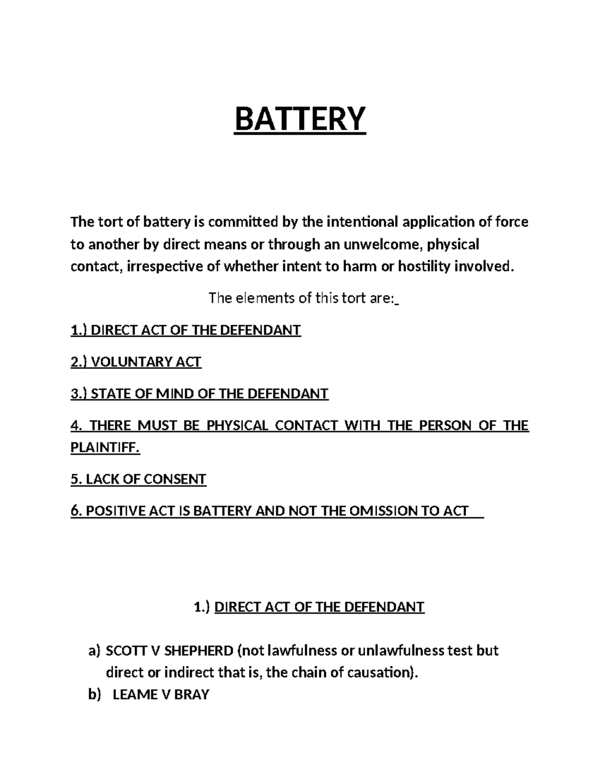 Battery Law: Key Principles, Cases & Notes for LAW 101 Students - Studocu