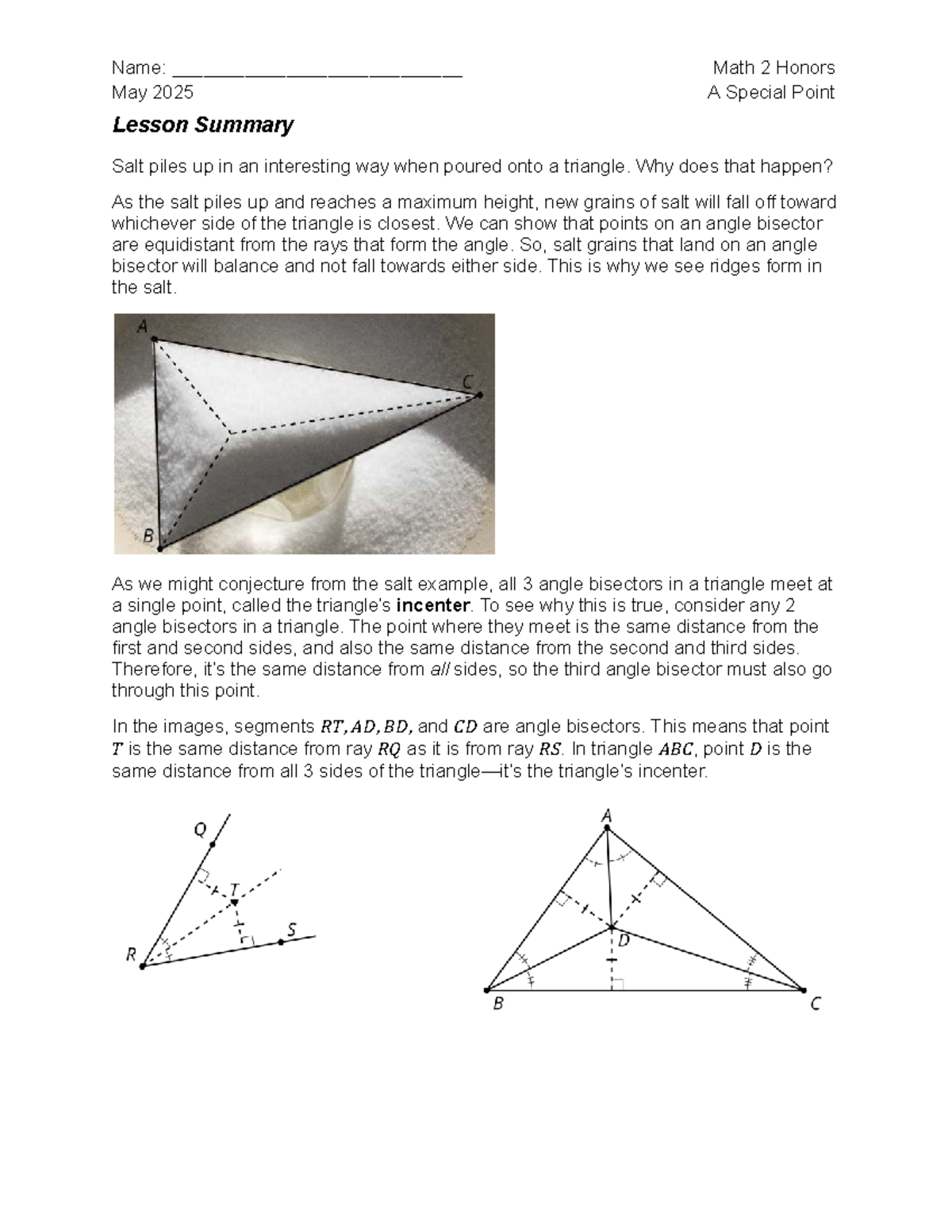 Math 2 Honors - May 2025: Exploring Triangle Incenter and Properties ...