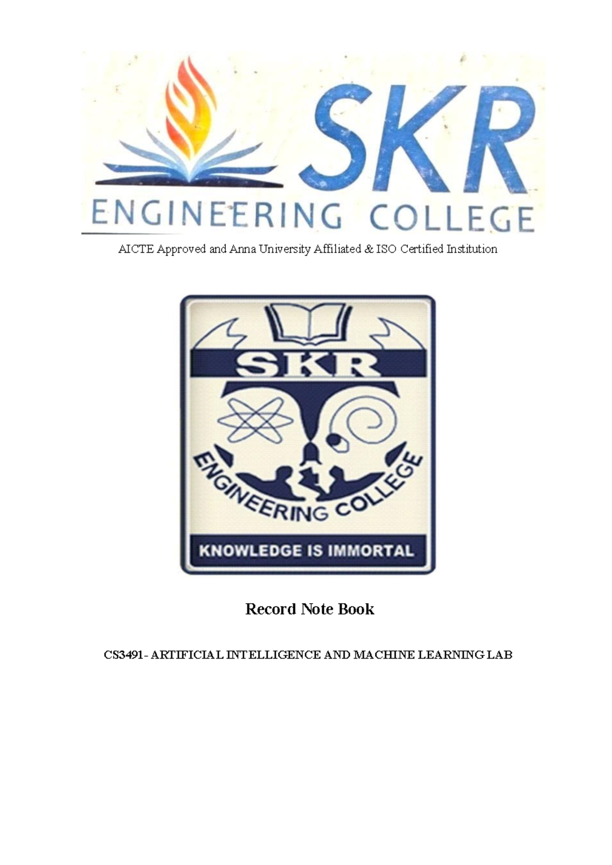 CS3491 Final Exam Record for AI & ML Lab at SKR Engineering College ...