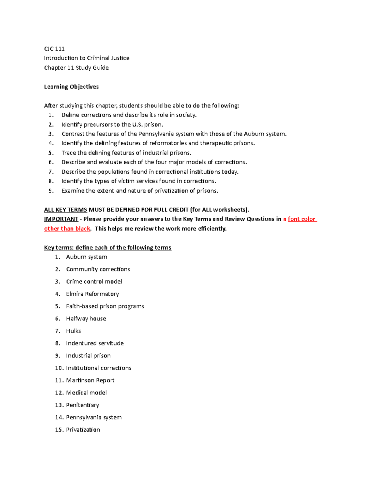 CJC 111 Chapter 11 Corrections Study Guide: Key Terms & Questions - Studocu
