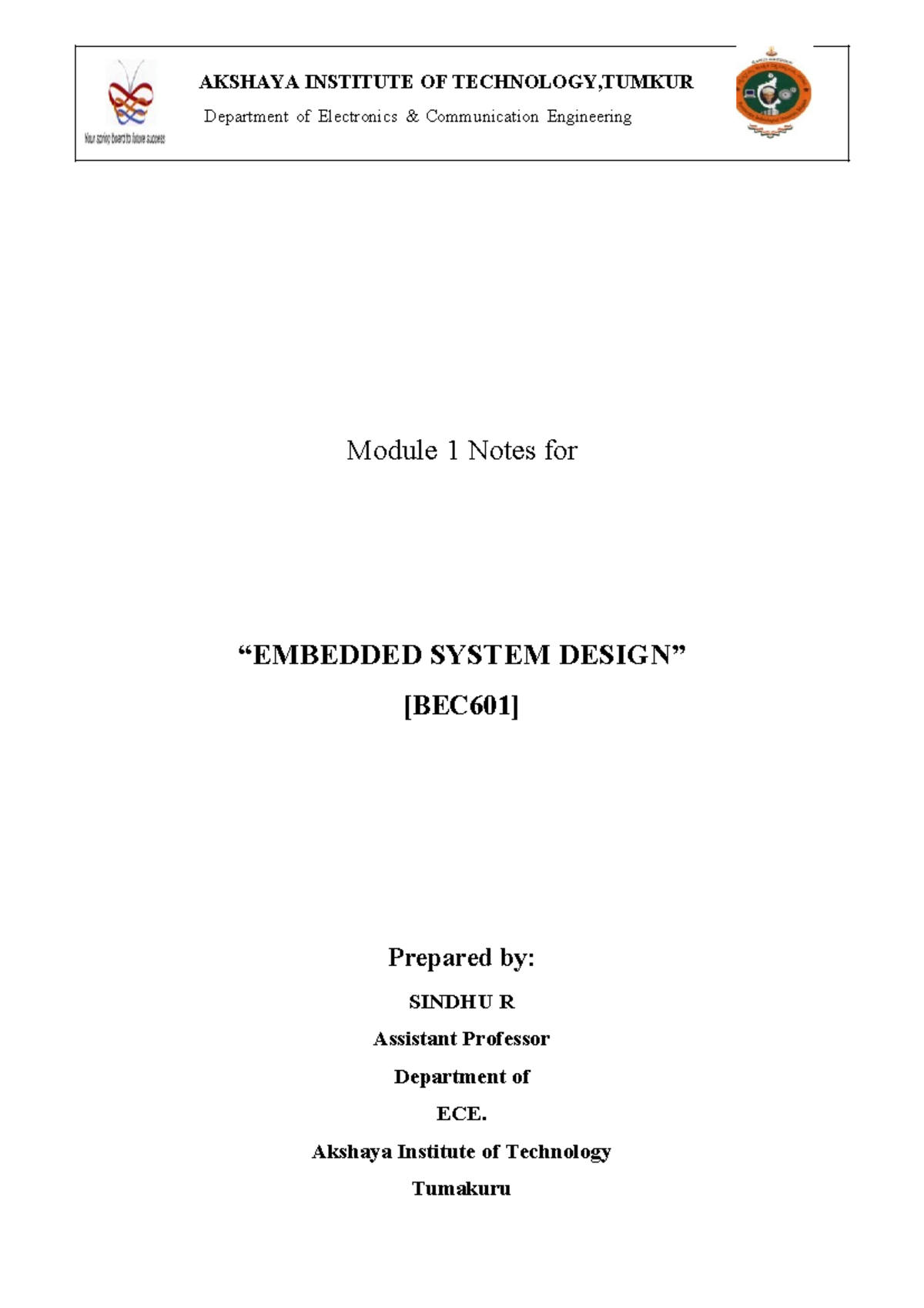 BEC601 Module 1 Notes on Embedded System Design by Sindhu R - Studocu