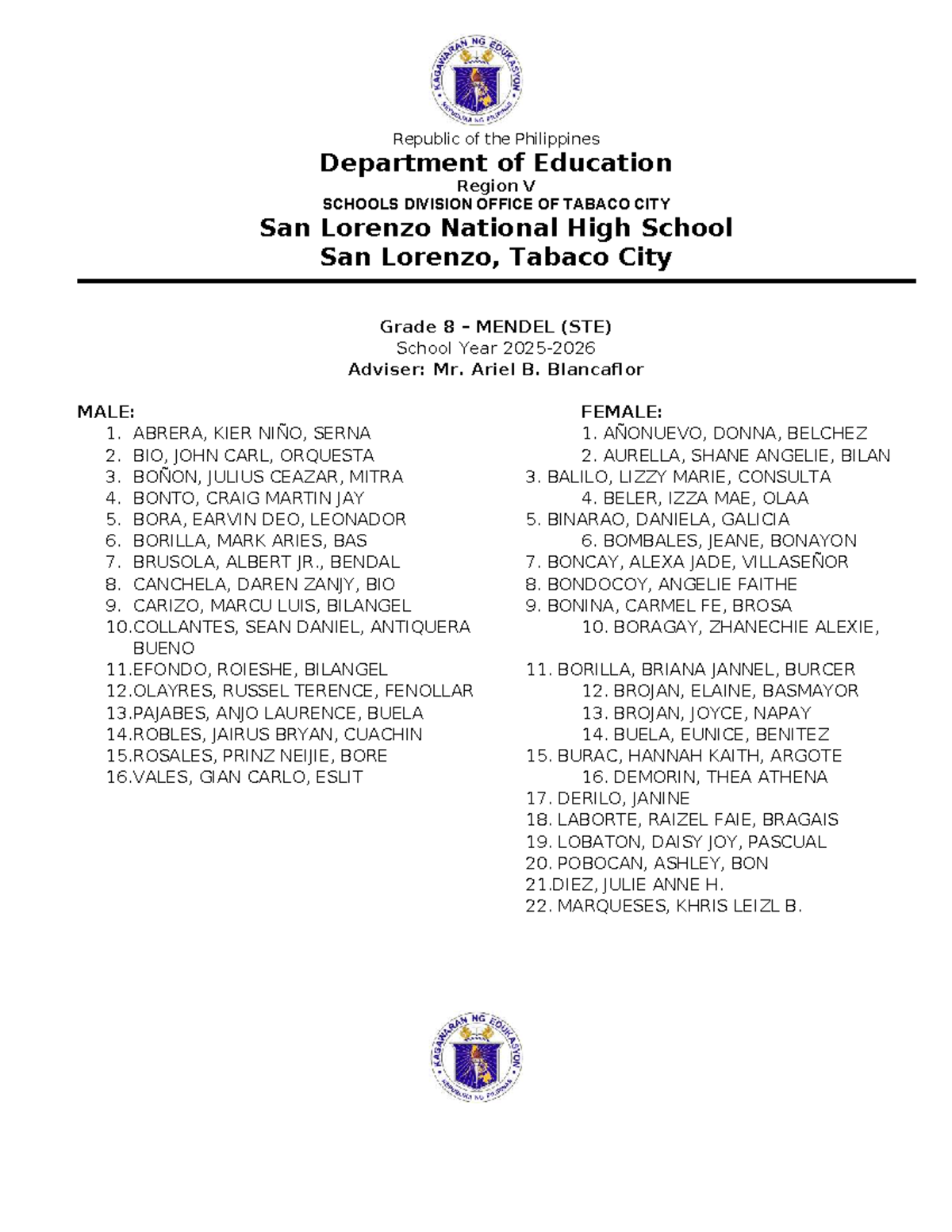 Grade 8 Student List for SY 2025-2026 - TLE - Studocu