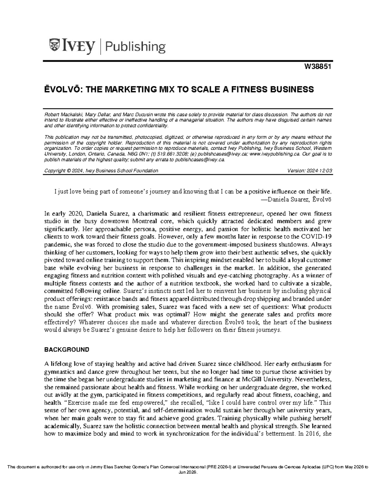 W38851 Case Study: Scaling Ēvolvō's Fitness Business Model - Studocu