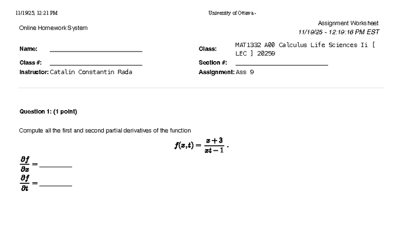 MAT1332 A00 Calculus Life Sciences II - Assignment 9 Worksheet - Studocu