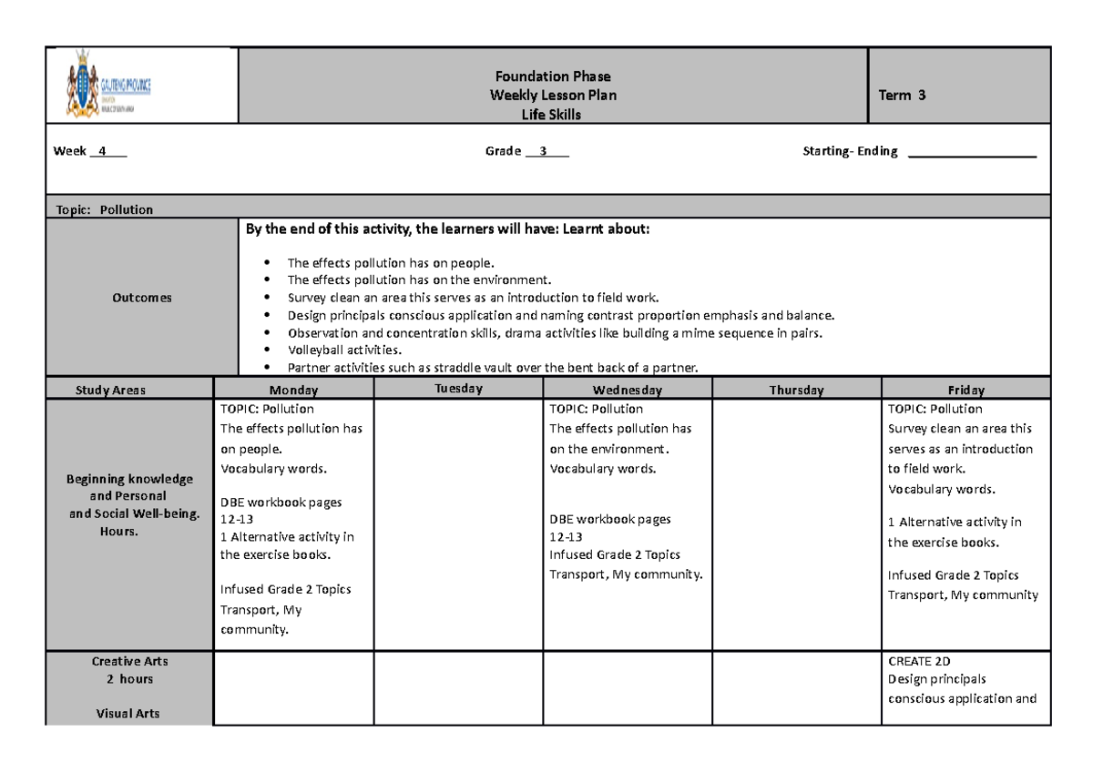 LIFE Skills Lesson Plans Grade 3 Term 3 Week 4: Focus on Pollution ...